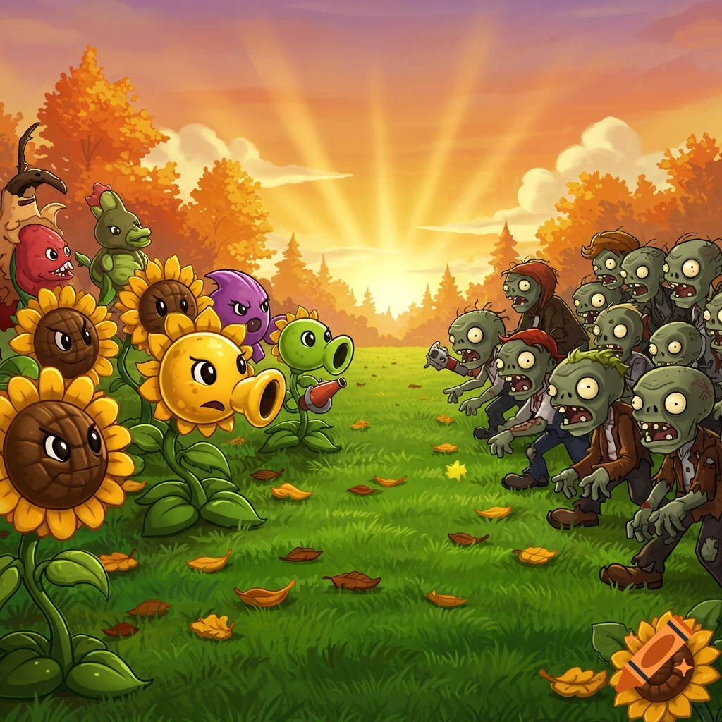 A cartoon battlefield scene from Plants vs. Zombies 2, with a sunflower ...