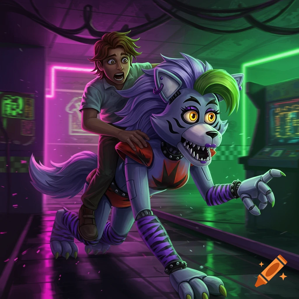 A robotic wolf animatronic with green hair, a red crop top, and a skirt ...