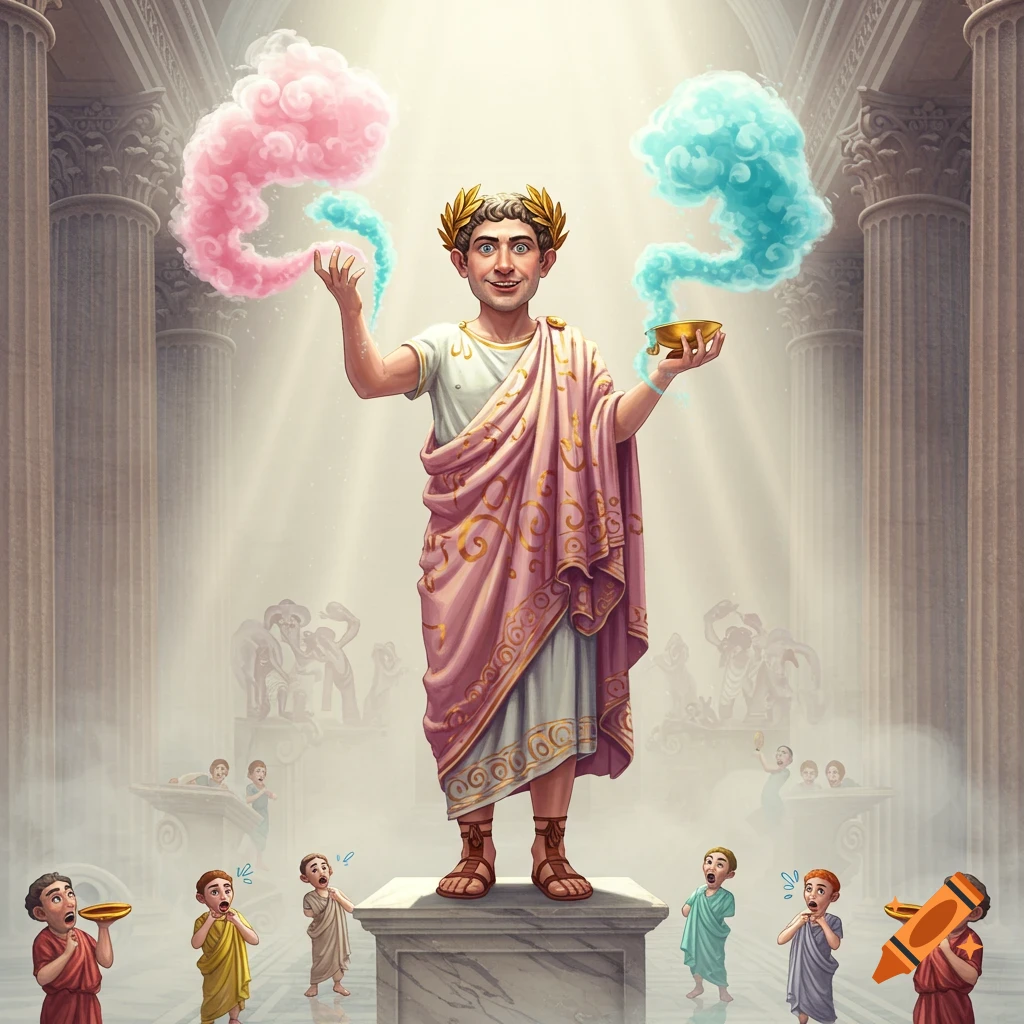 A man in a purple toga raises a golden trophy inscribed with ...