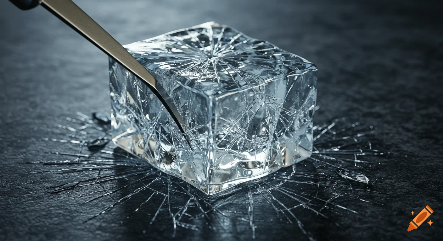 A large cyan ice crystal stands among smaller clear ice crystals on a ...