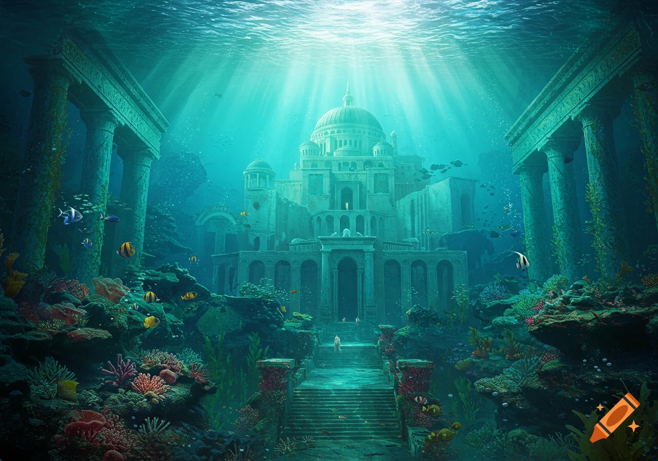 A vibrant, detailed illustration of an ancient underwater city ...