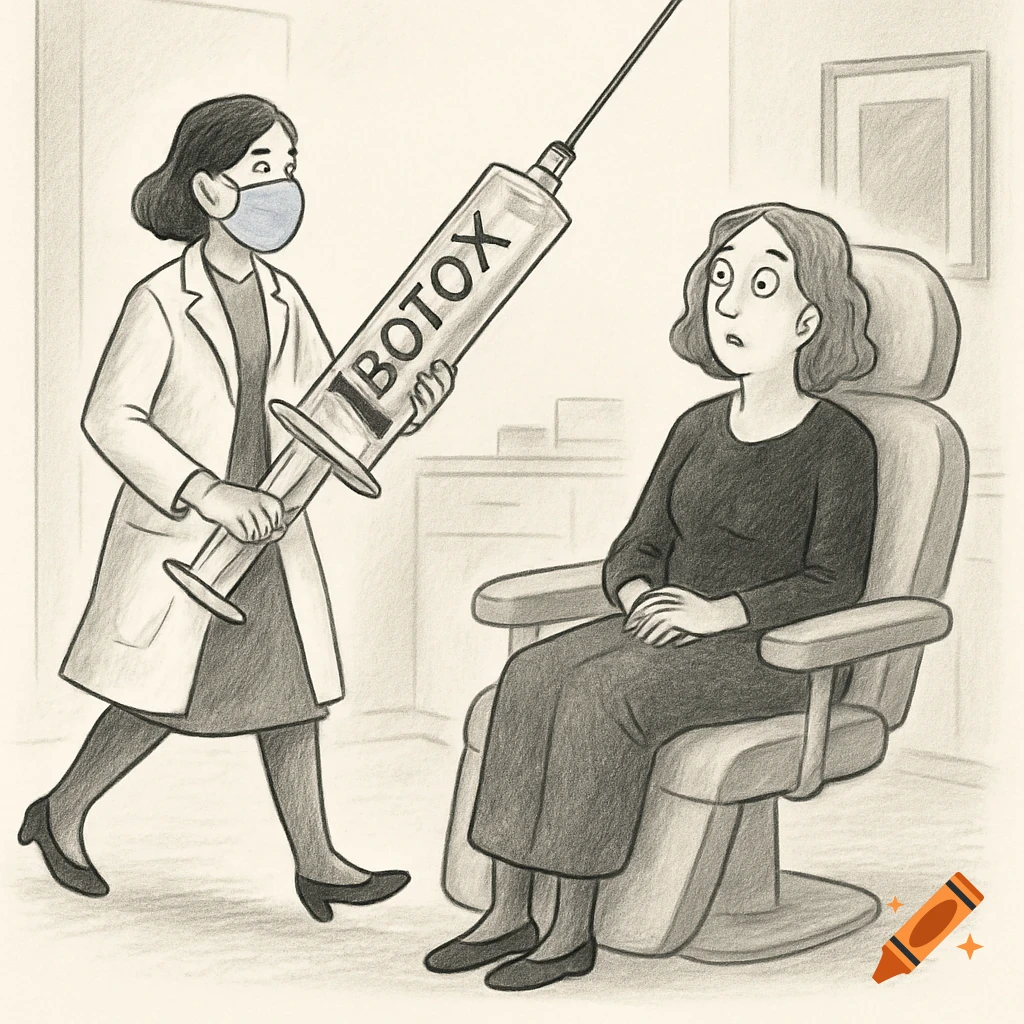 A doctor with a mask holds a giant 'BOTOX' syringe towards a nervous ...