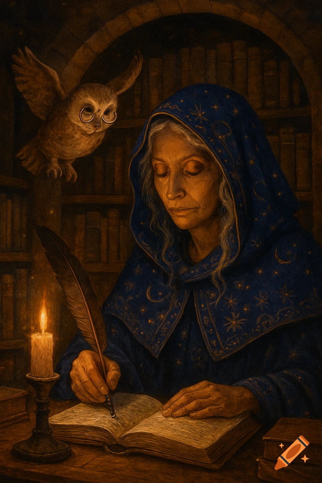 A white-bearded wizard in a blue robe and hat stands in a field with ...