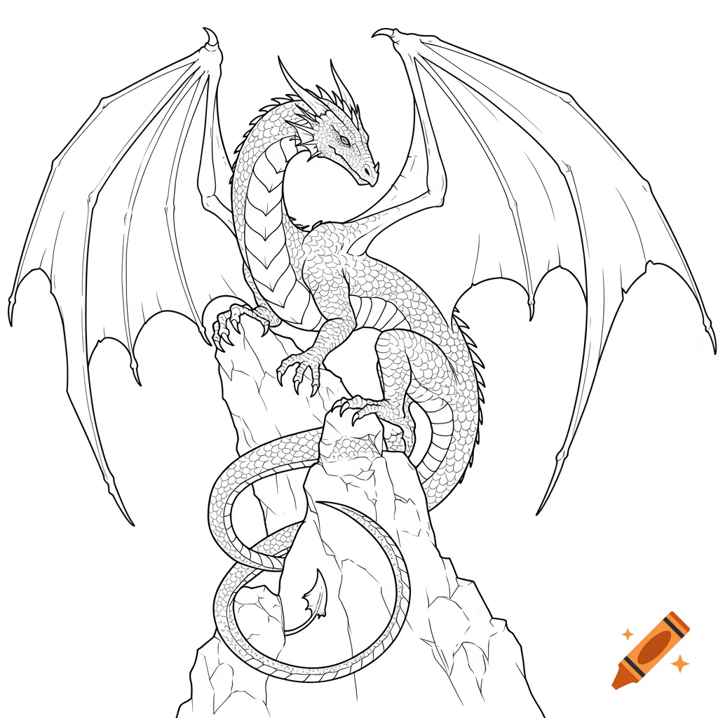 Clean line art of a detailed Sandwing dragon head with scales and horns ...
