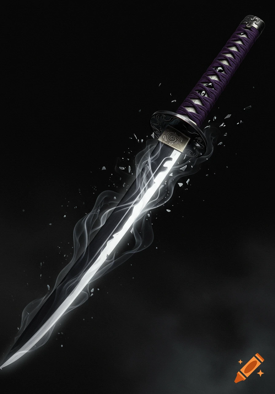 A purple, flame-bladed katana rests on a stand under a luminous full ...