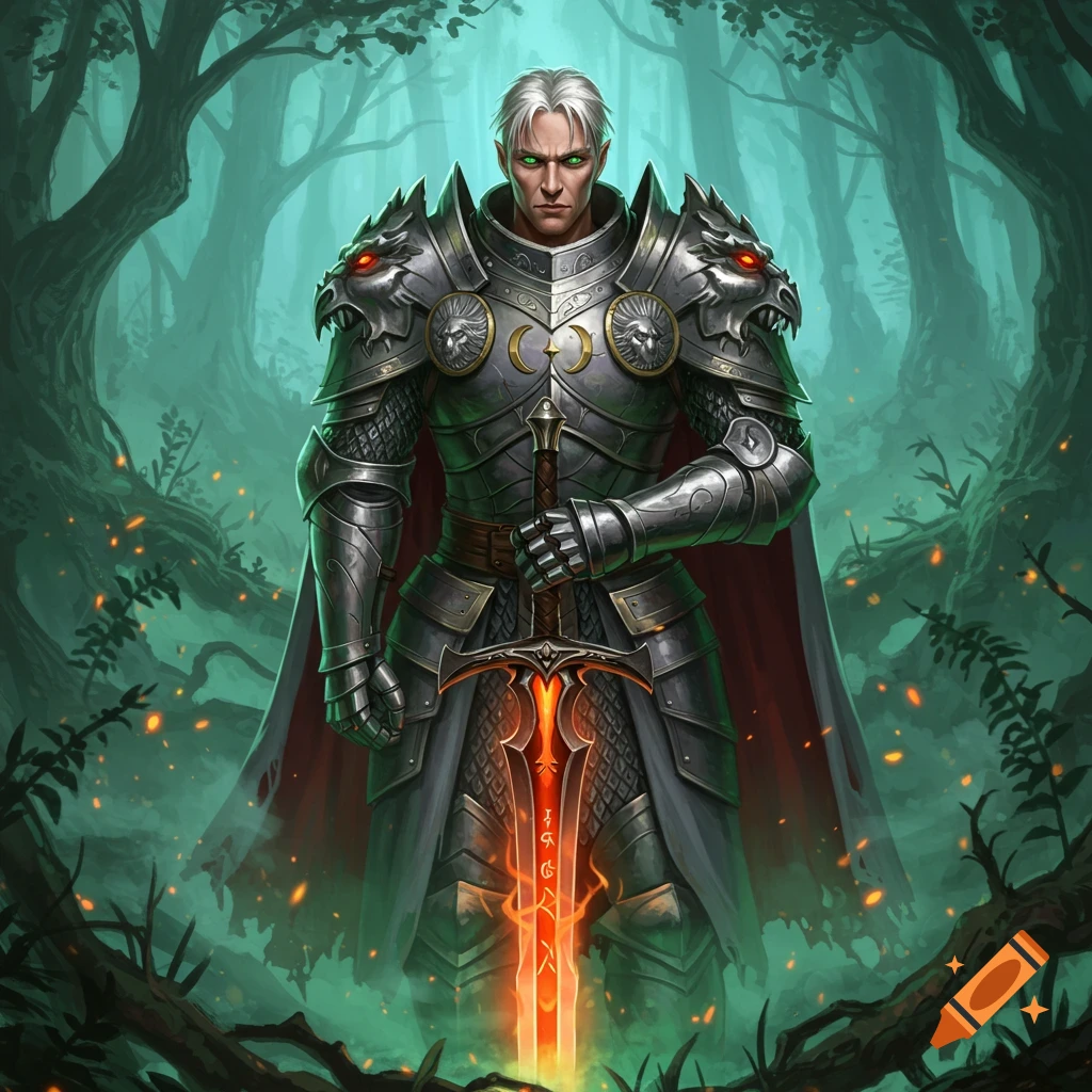 A silver-haired knight in ornate silver armor with dragon pauldrons ...