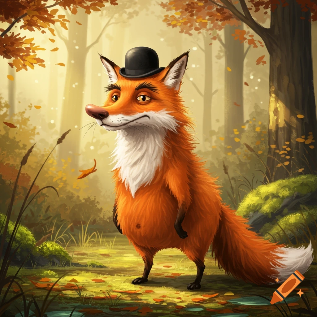A cute cartoon fox wearing a black top hat stands in a sunlit forest ...
