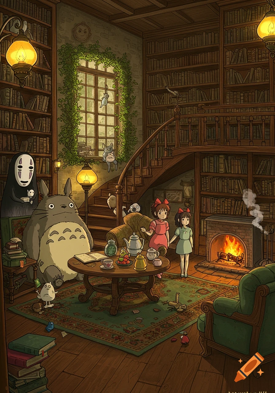 Large gray Totoro and a small white creature swim in a pool by a sunny ...