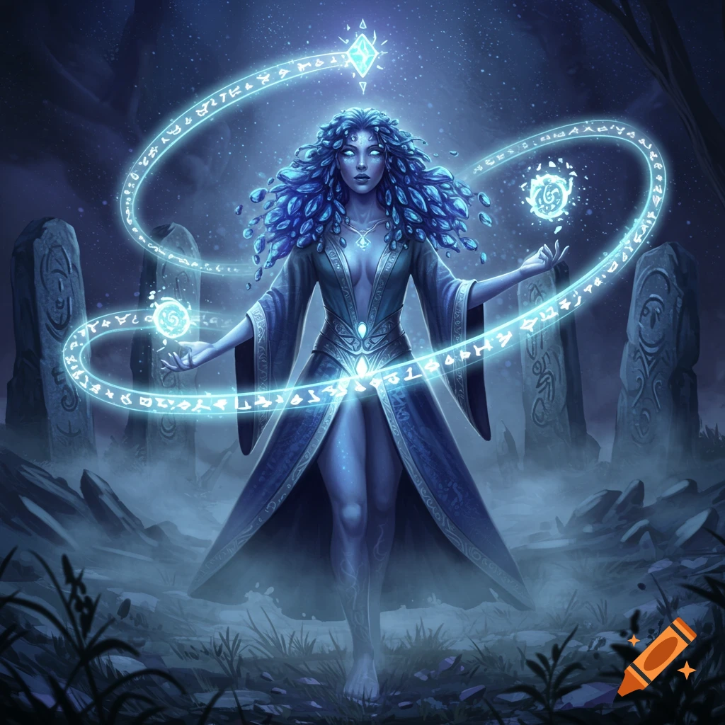 A fantasy princess with a long white braid in a blue dress, conjuring ...