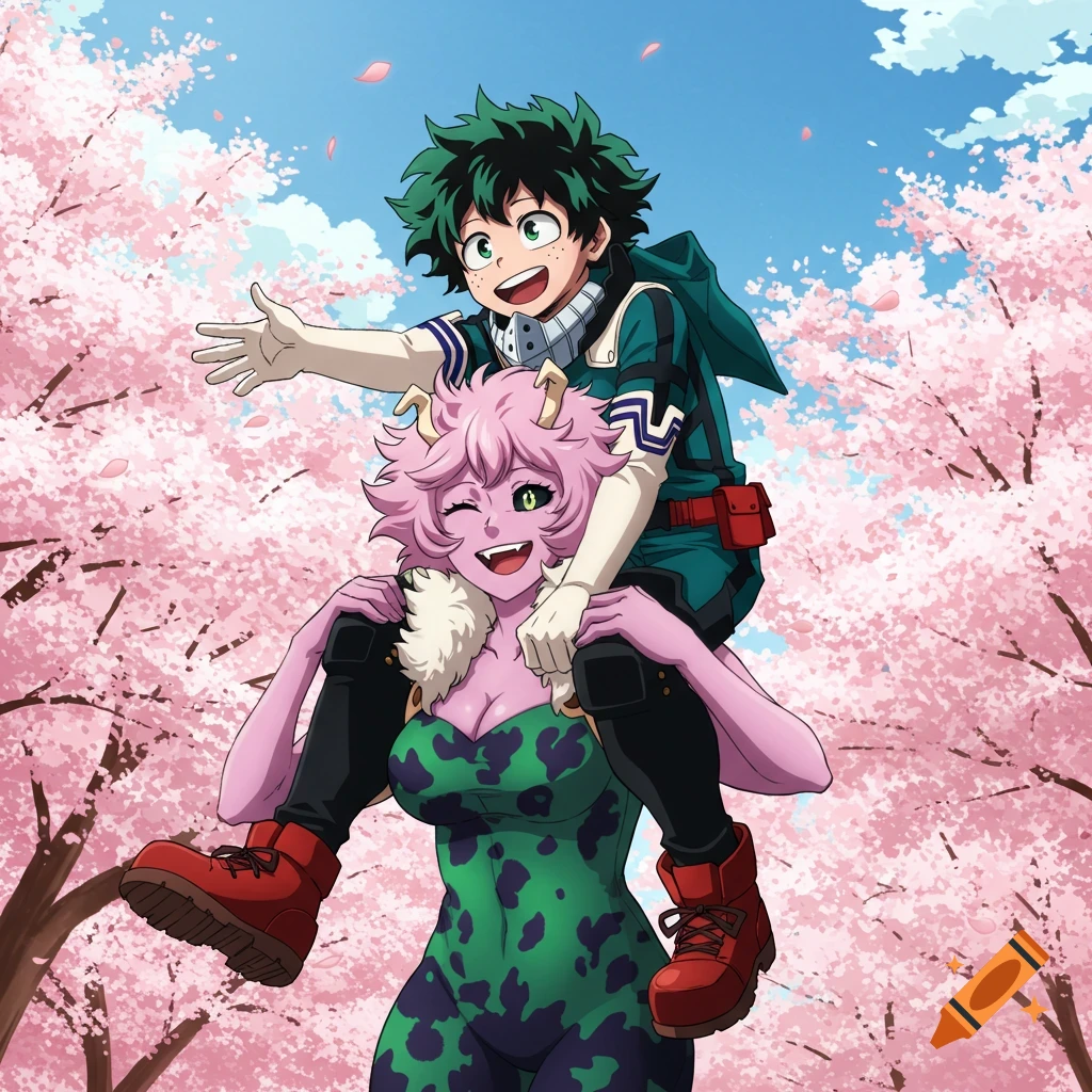 Mina Ashido gives Izuku Midoriya a shoulder ride under pink cherry ...