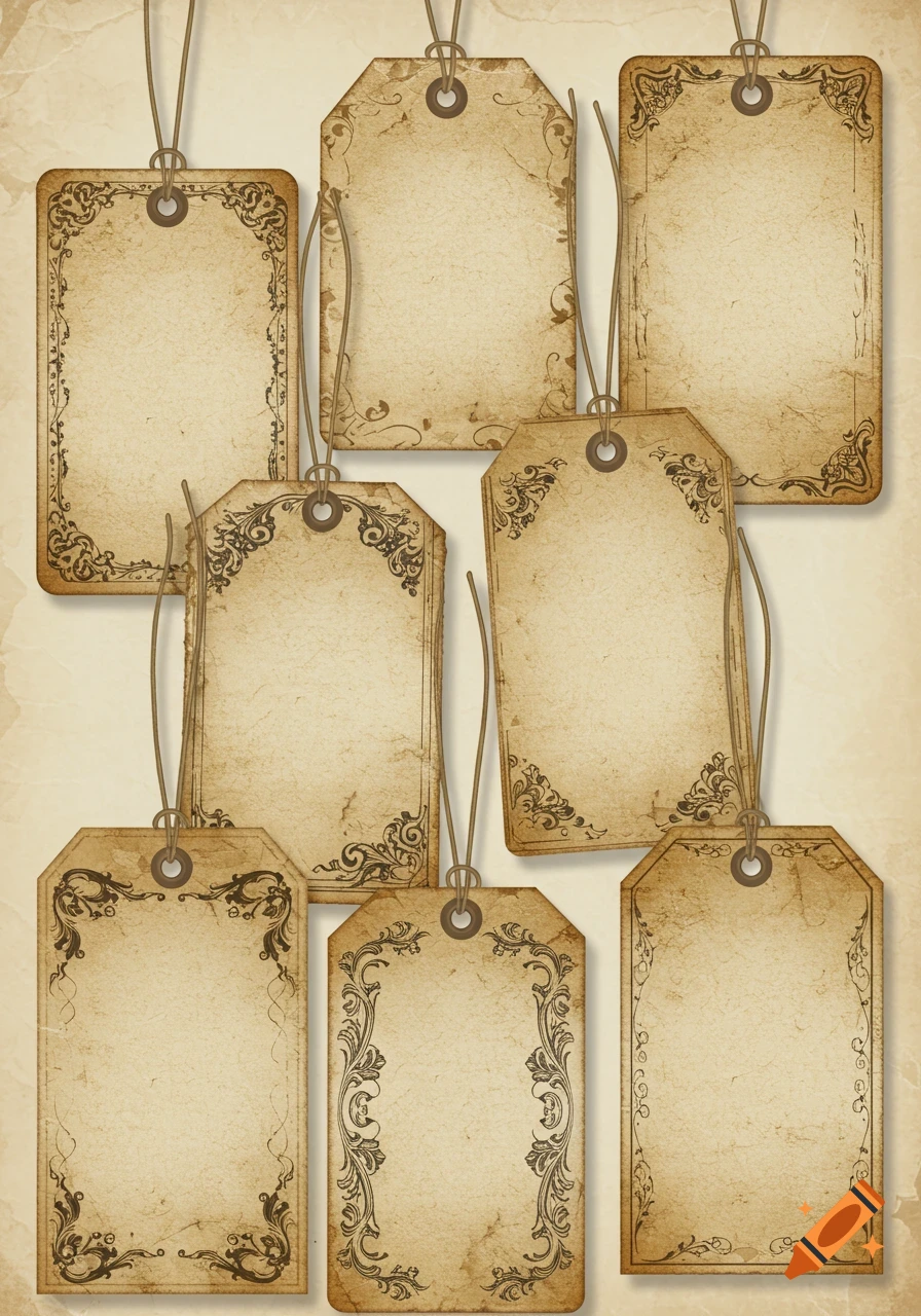 A collection of nine vintage-style tags with aged paper texture and ...