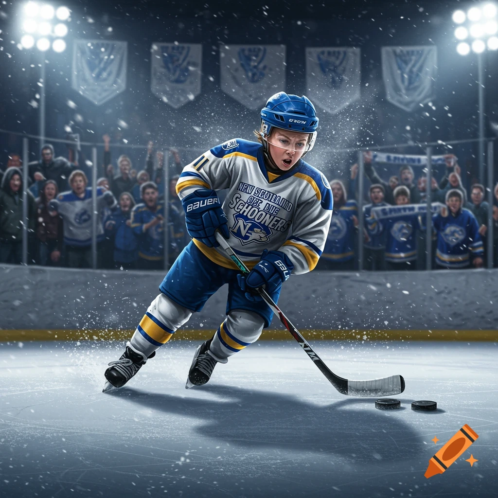 A photorealistic bison wearing a hockey helmet skates on a frozen lake ...