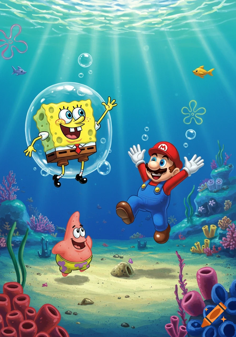 Spongebob, Patrick, Sandy, Mr. Krabs, Squidward, and Plankton happily ...