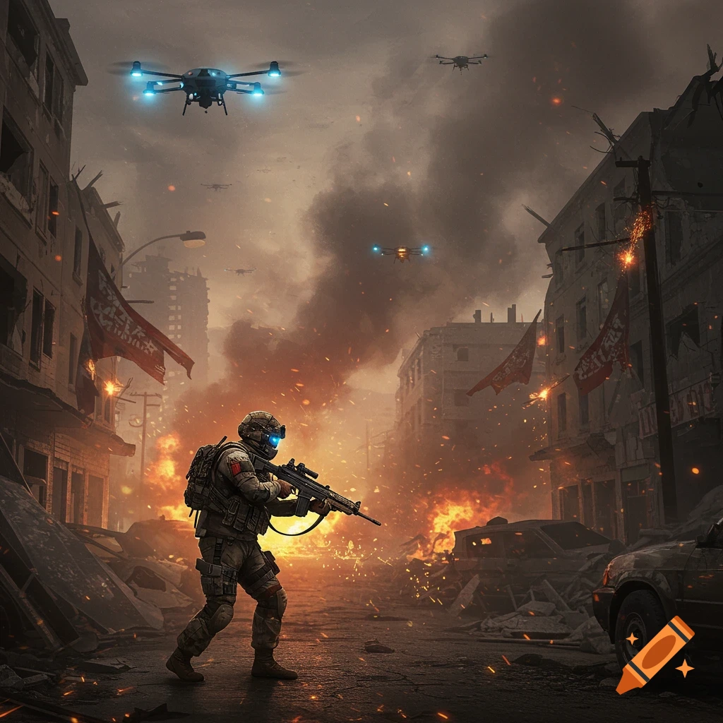 A soldier in camouflage uniform holding a rifle stands in a desert with ...