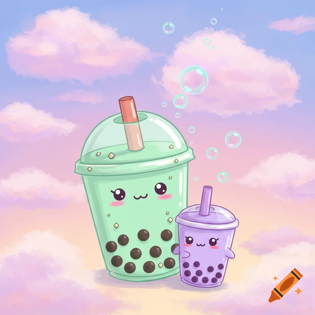 A cute, smiling bubble tea drink with boba pearls and a green straw ...