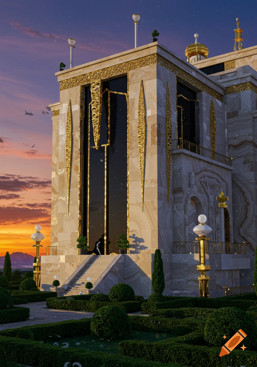 Opulent marble mansion with gold trim, a grand staircase, and manicured ...