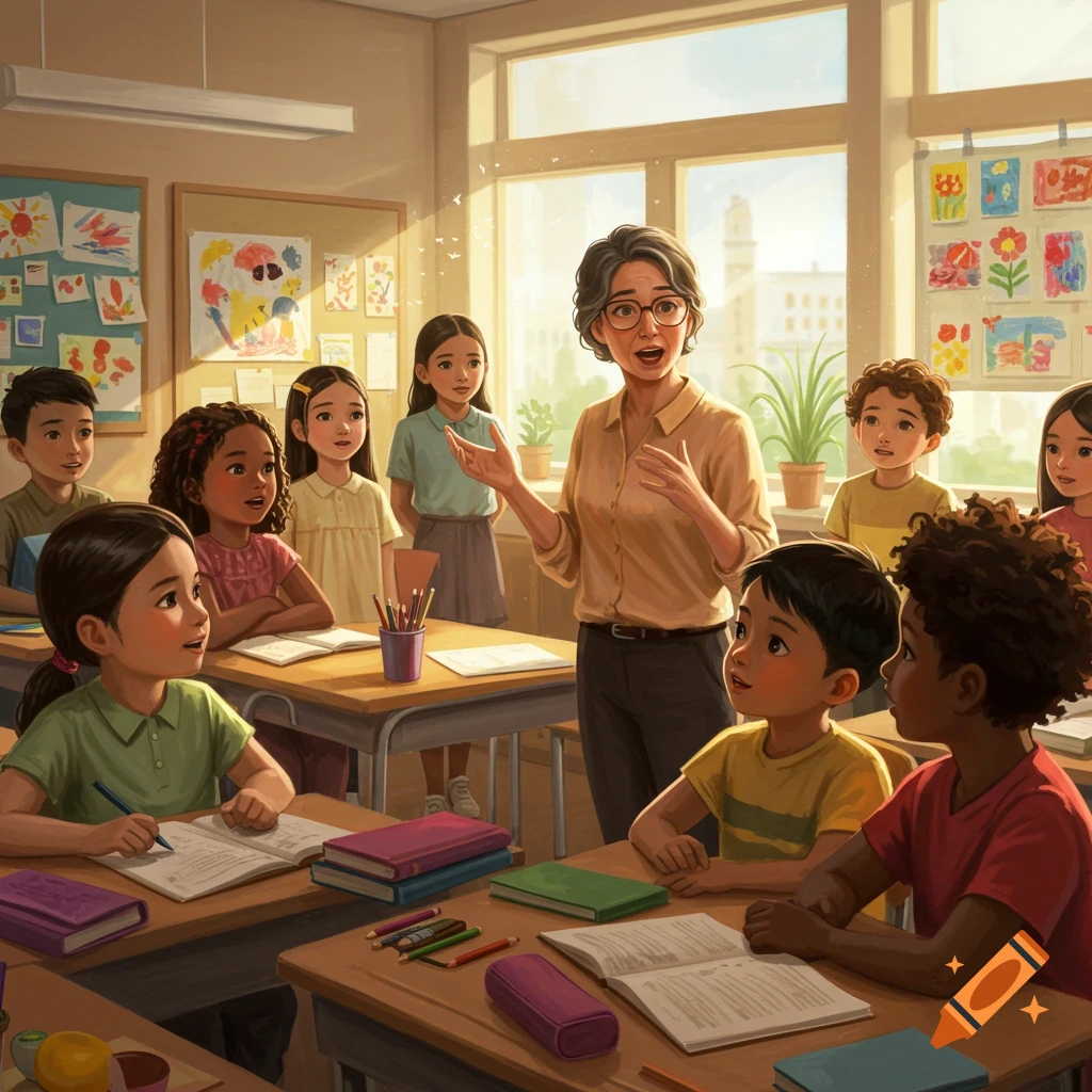 Colorful illustration of a joyful couple holding guinea pigs, surrounded by diverse children ...