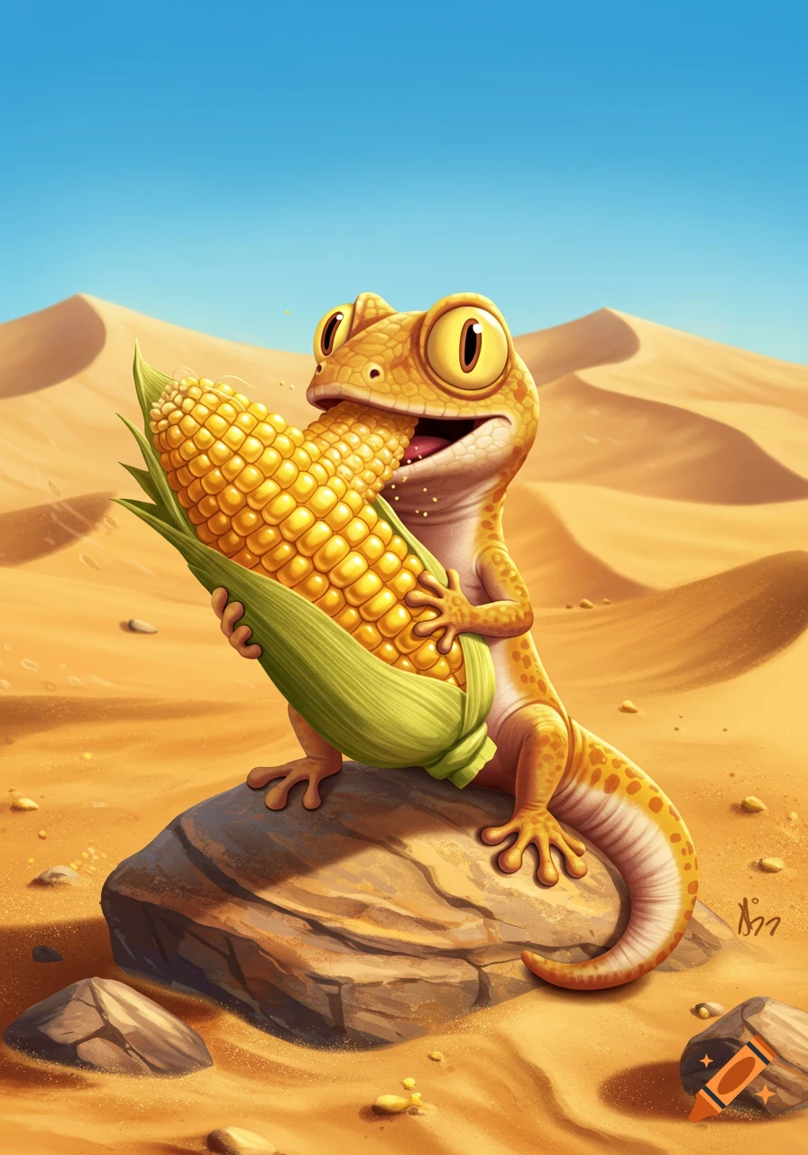 A cheerful cartoon gecko sits on a rock in a sandy desert, happily ...