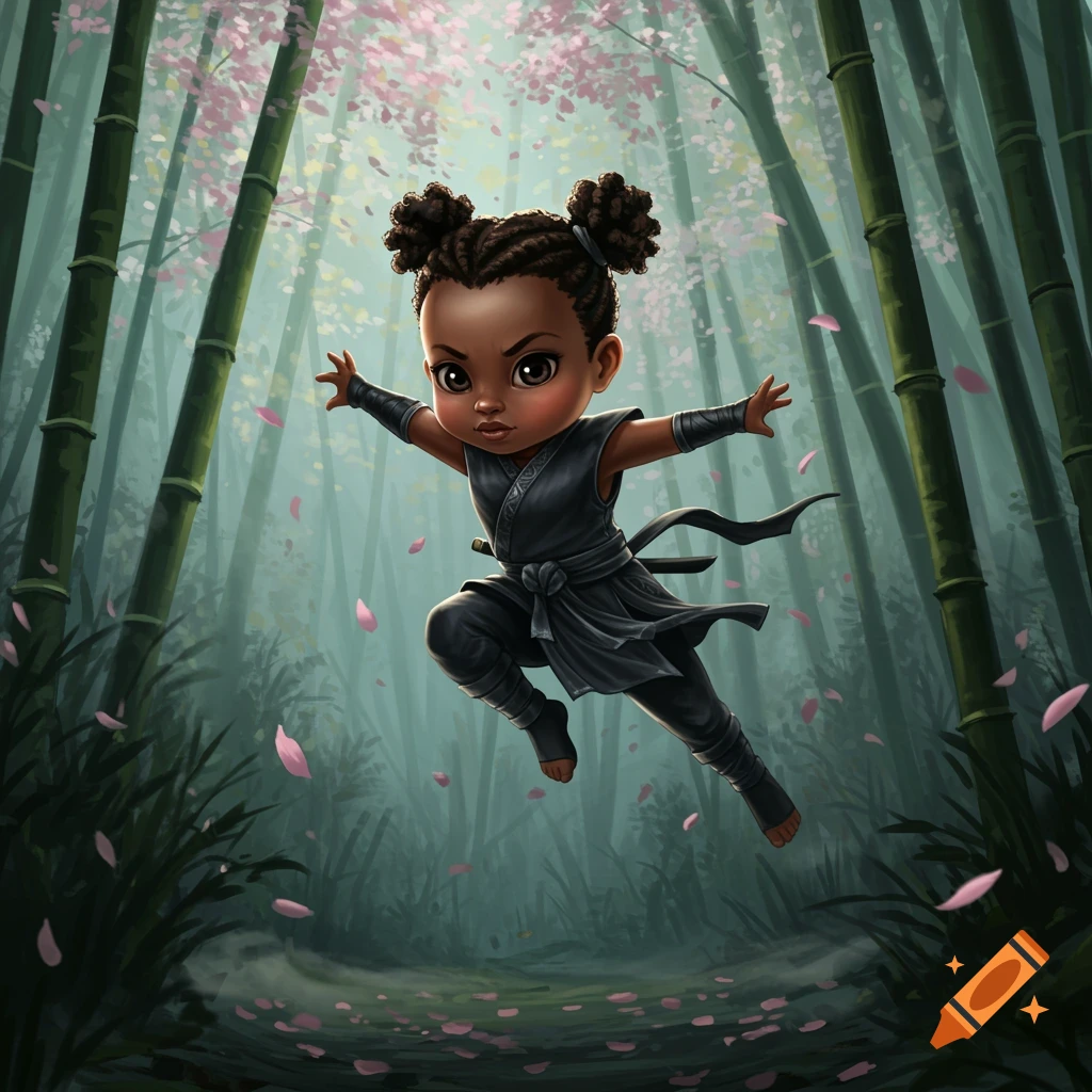 A cute chibi black baby girl ninja jumps through a bamboo forest with ...