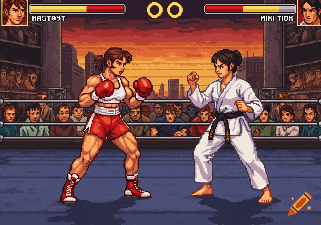 A pixel art screenshot of a retro fighting game, featuring a female ...