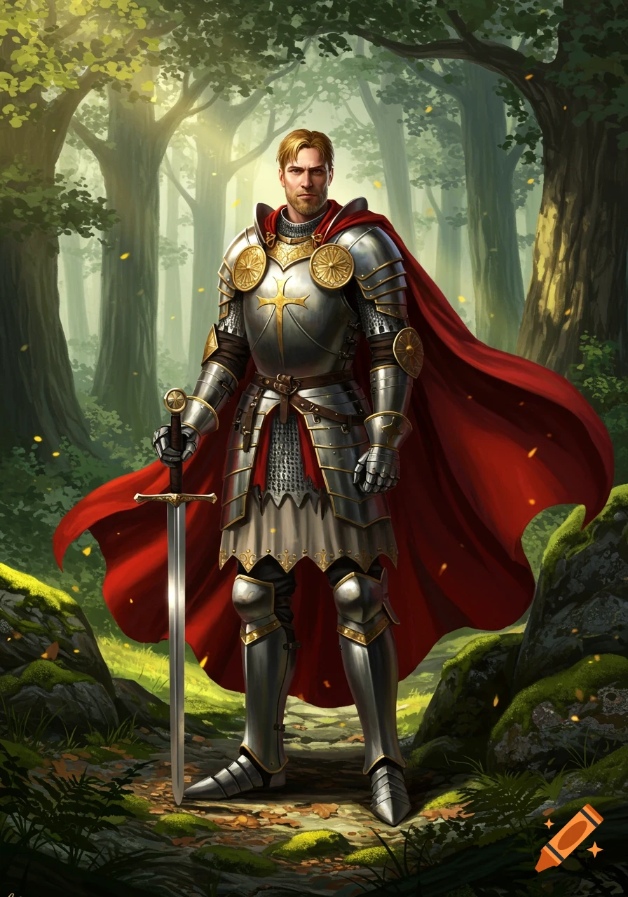 A male warrior in ornate armor and a red cape stands with a glowing ...