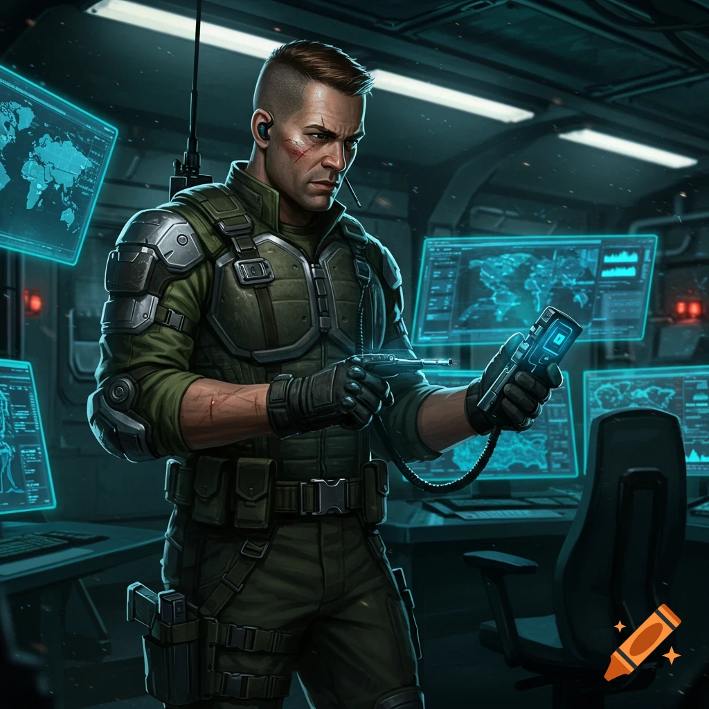 An illustrated shirtless man in a headband holds guns in a green-lit ...