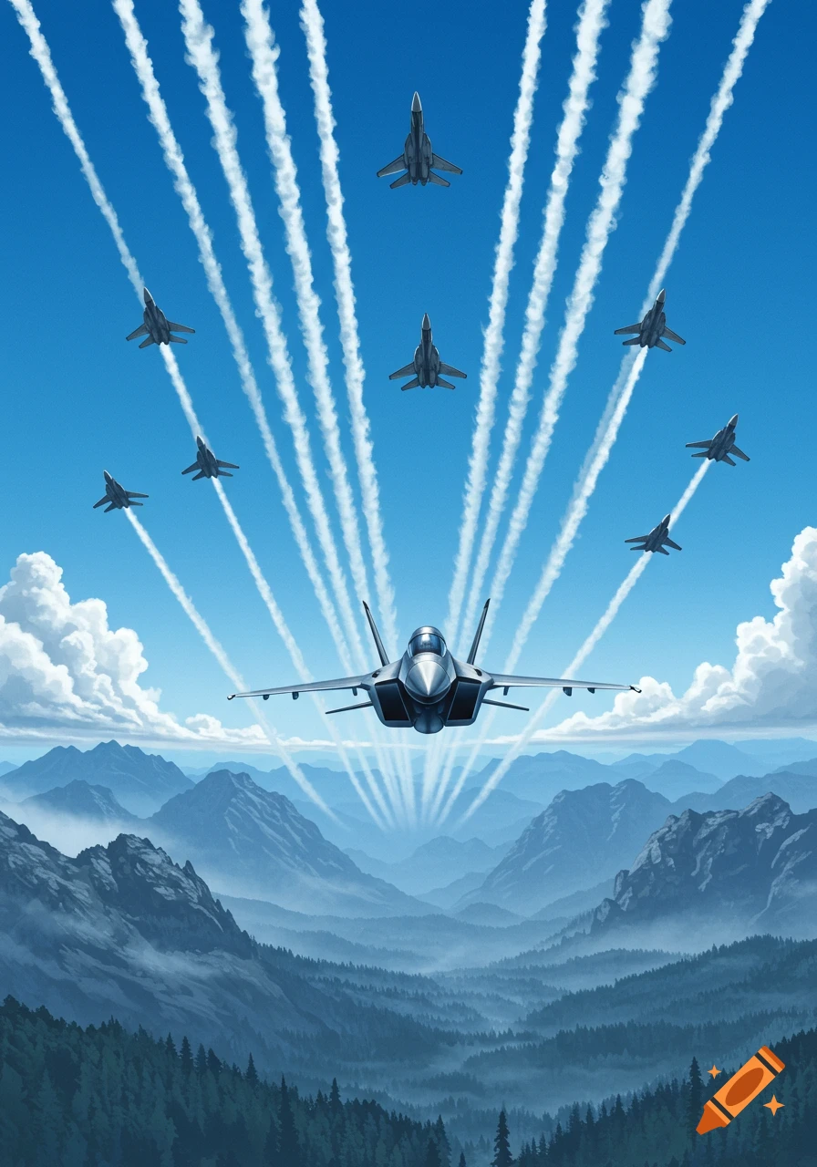 Two fighter jets turn in a bright blue sky with swirling contrails over ...