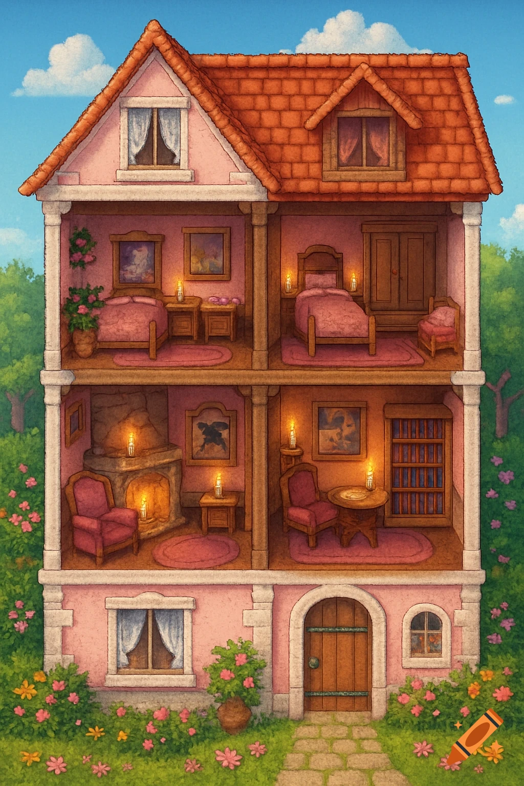 A detailed cross-section of a pink dollhouse with a red roof, showing ...