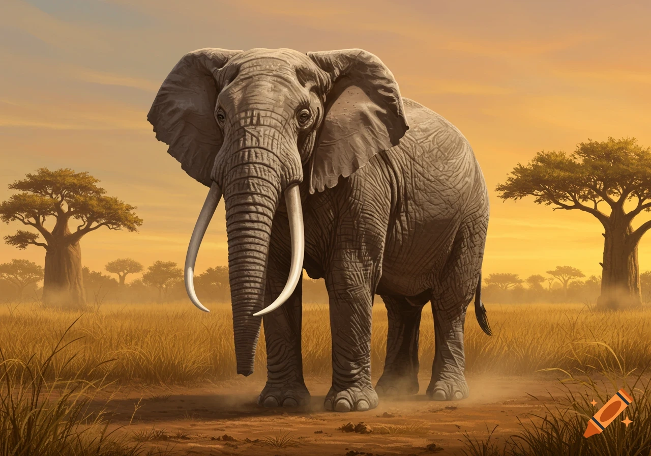 A large African elephant stands majestically in a dusty savanna at ...