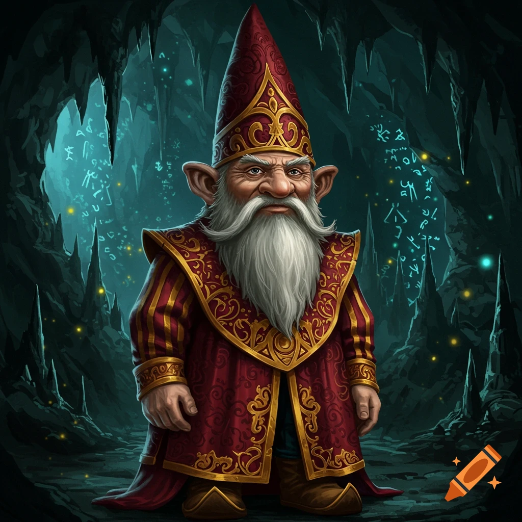 A cartoonish gnome with a long grey beard and green pointed hat stands ...