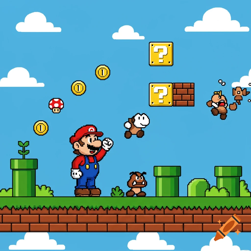 Vibrant Super Mario landscape with greenery, castles, and iconic ...