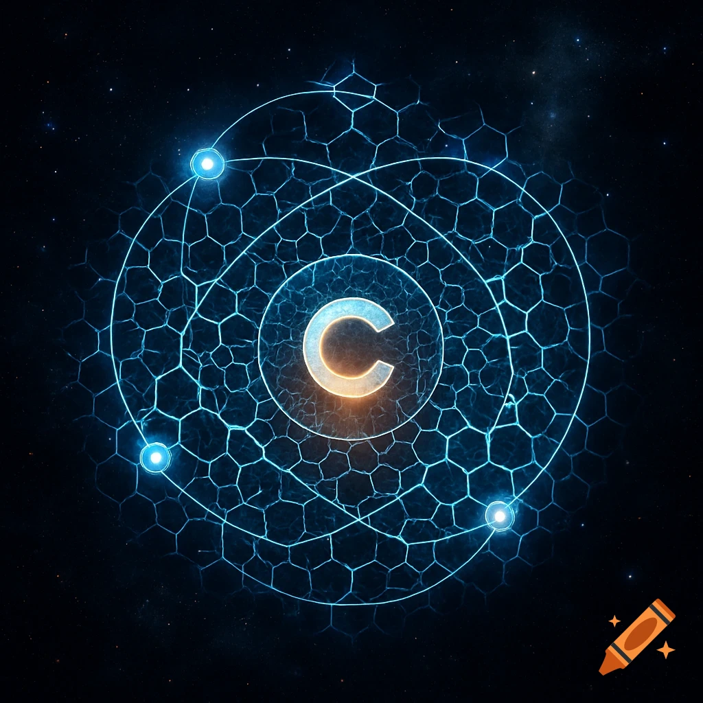 Glowing letter C at the center of a stylized atom with orbiting ...