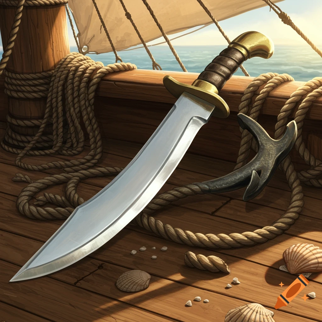 A stylized silver sword with an ornate curved hilt stands upright in a ...