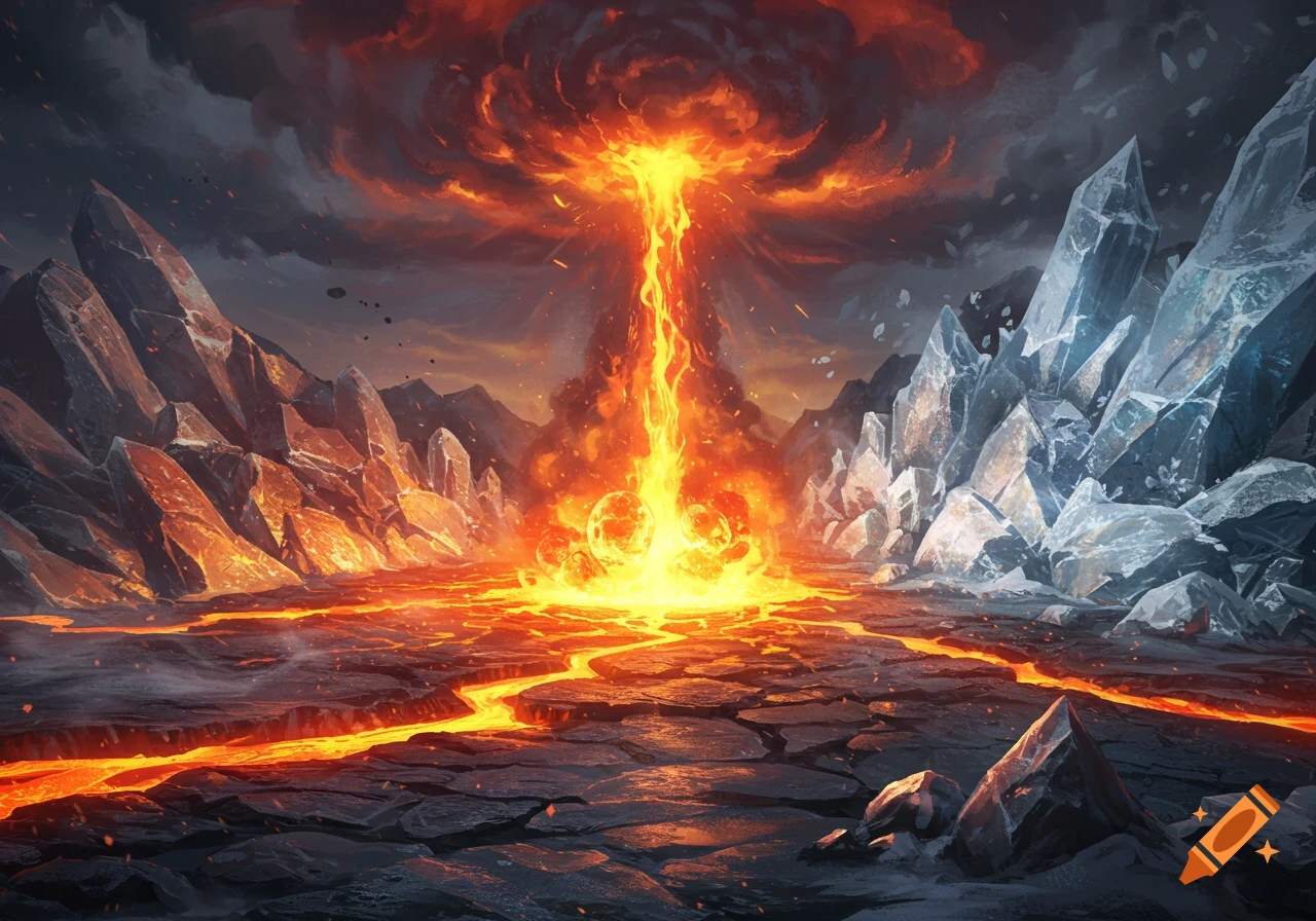 Dramatic fantasy landscape with a central fiery explosion, glowing lava ...