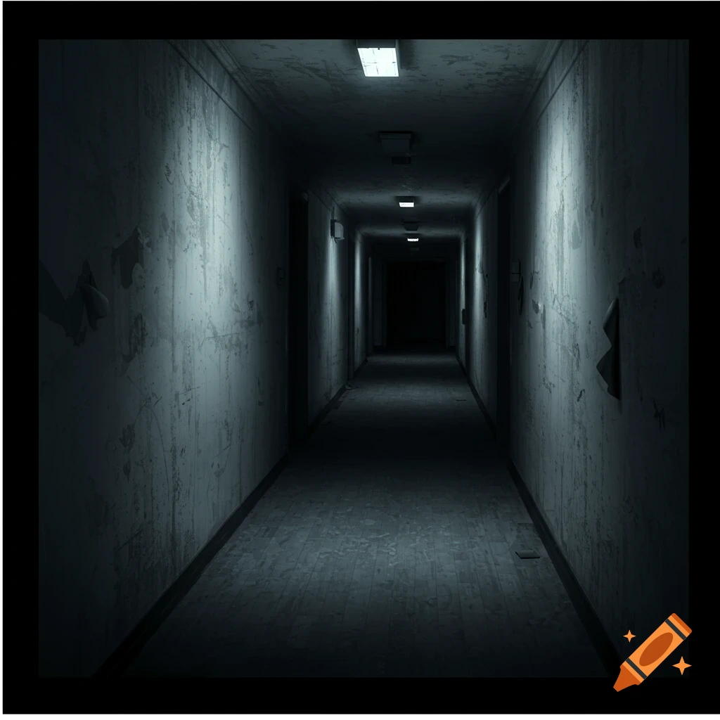 A long, dark, and creepy corridor with dimly lit, water-stained white ...