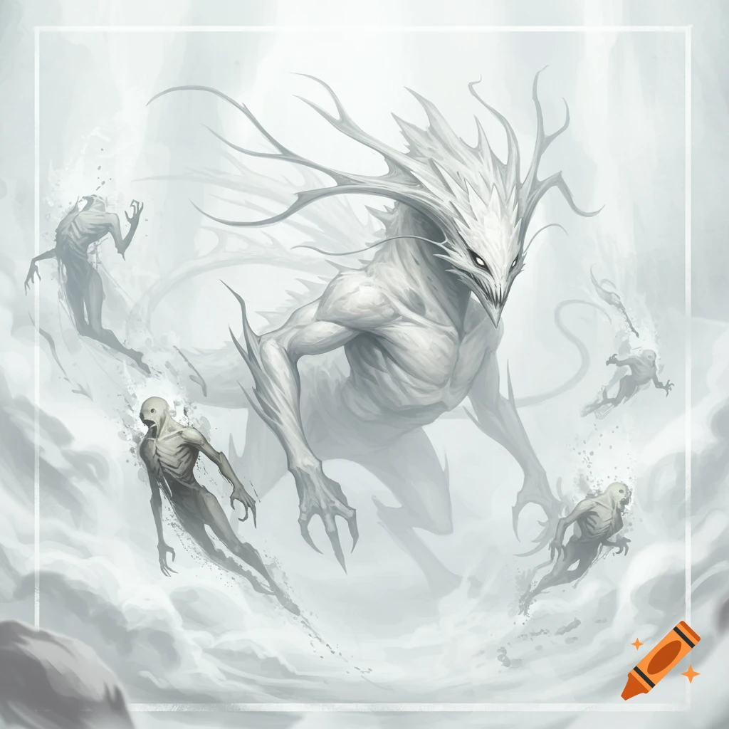 A large, white, bird-like fantasy creature with antlers and claws is ...