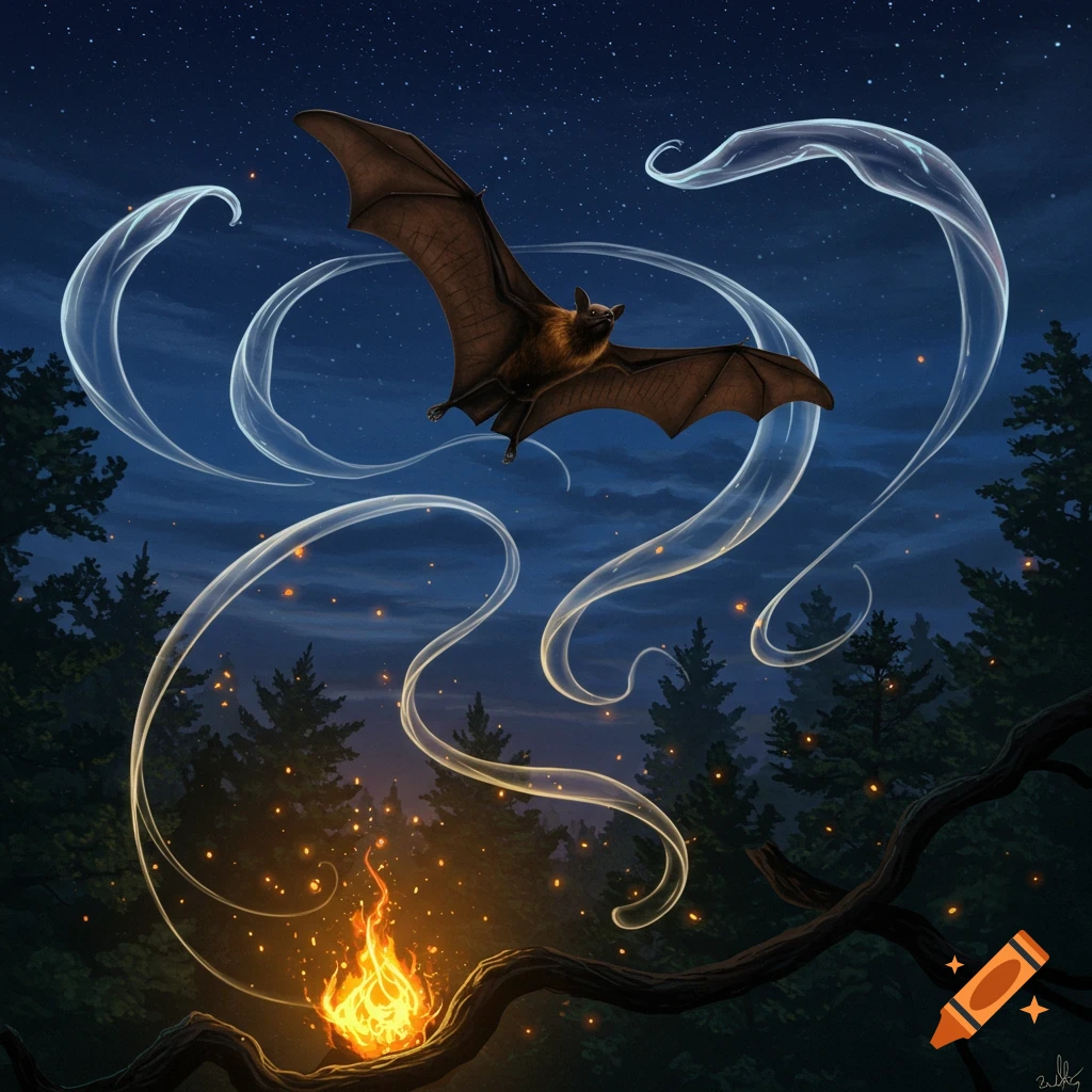 A cute bat flies through a dusty, abandoned movie theater, lit by a ...