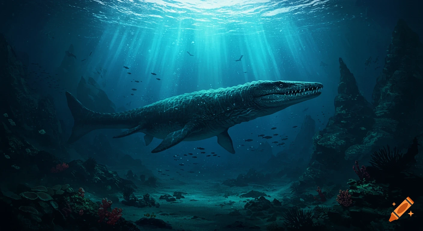 A gigantic prehistoric shark swims underwater with several whales ...