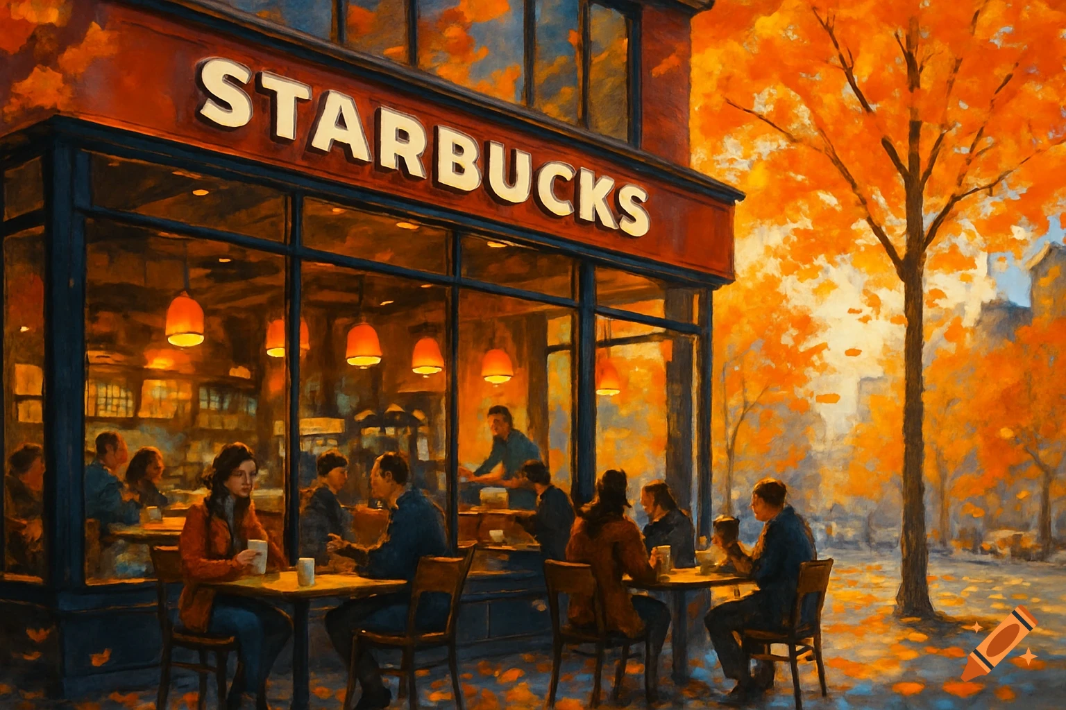 Stylized illustration of Great Bob's barbershop/cafe at sunset, with ...