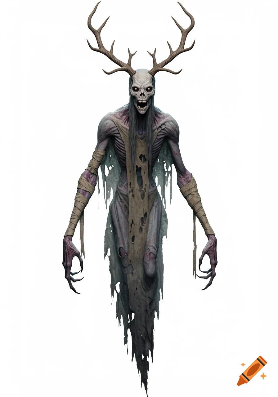 Photorealistic depiction of a skeletal, decaying ancient folklore ...