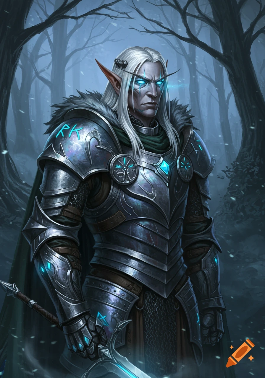 A smiling blonde female elf in silver armor holding a sword, standing ...