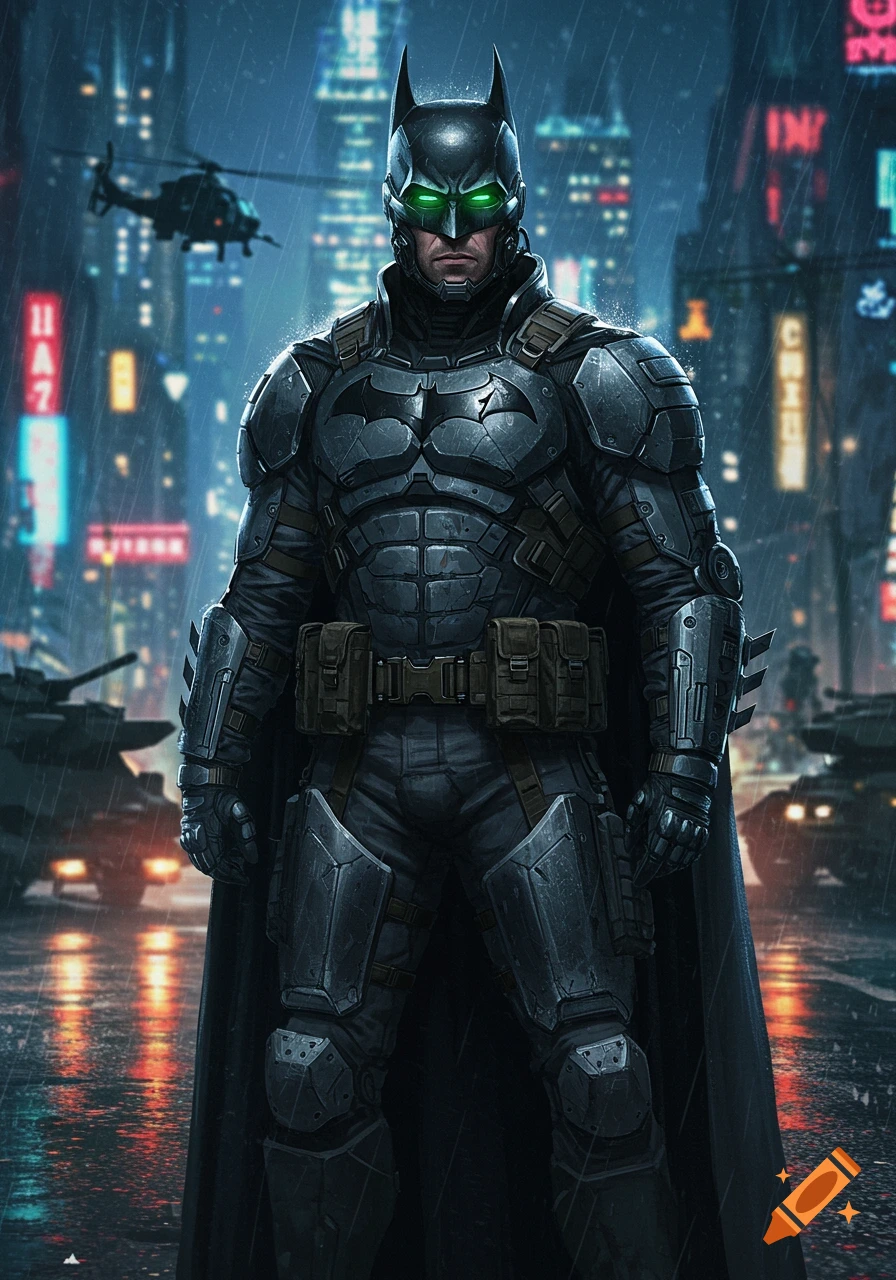 A sinister comic book villain in dark armor with red glowing eyes and a ...