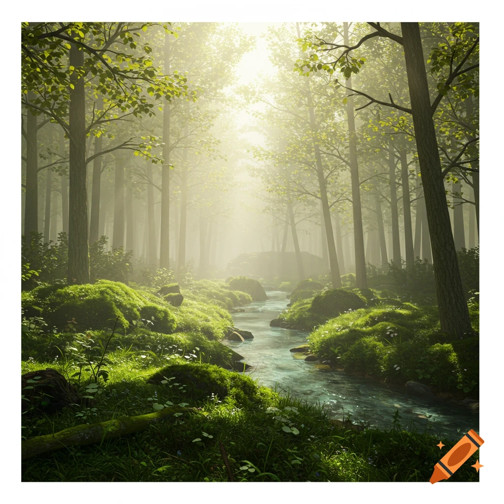 Photorealistic image of a peaceful, misty forest with a stream, soft ...
