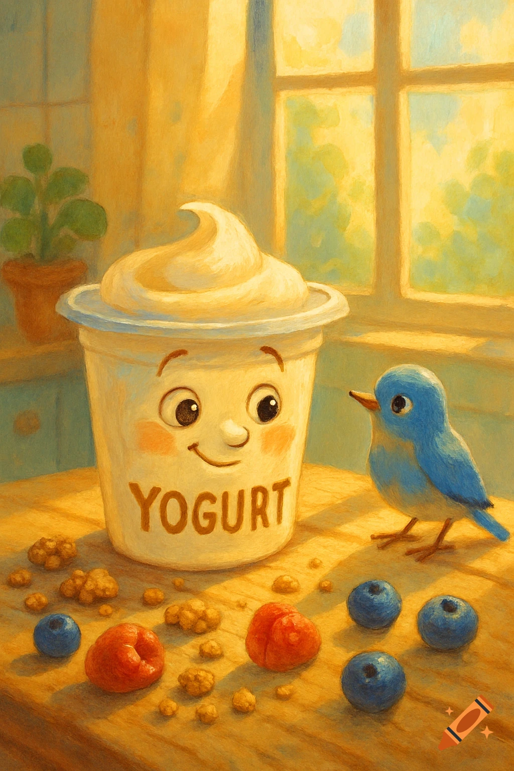 A cute Pixar animation style blue jay eats a waffle with syrup and ...