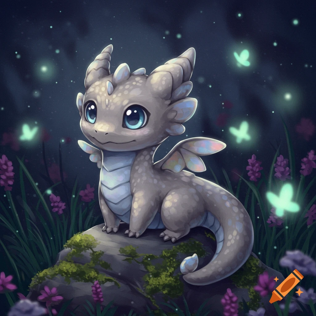 A cute, iridescent, pastel-colored dragon creature with big eyes swims ...