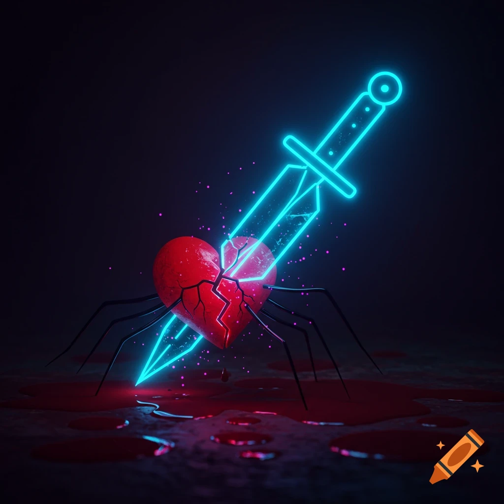 A vibrant red broken heart dripping, with a dark silhouette of a man ...