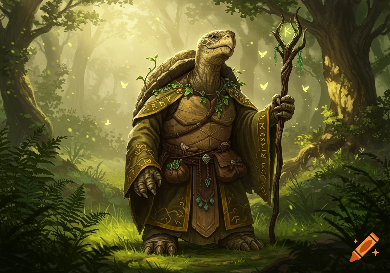 An anthropomorphic turtle druid wearing a green robe with glowing runic ...
