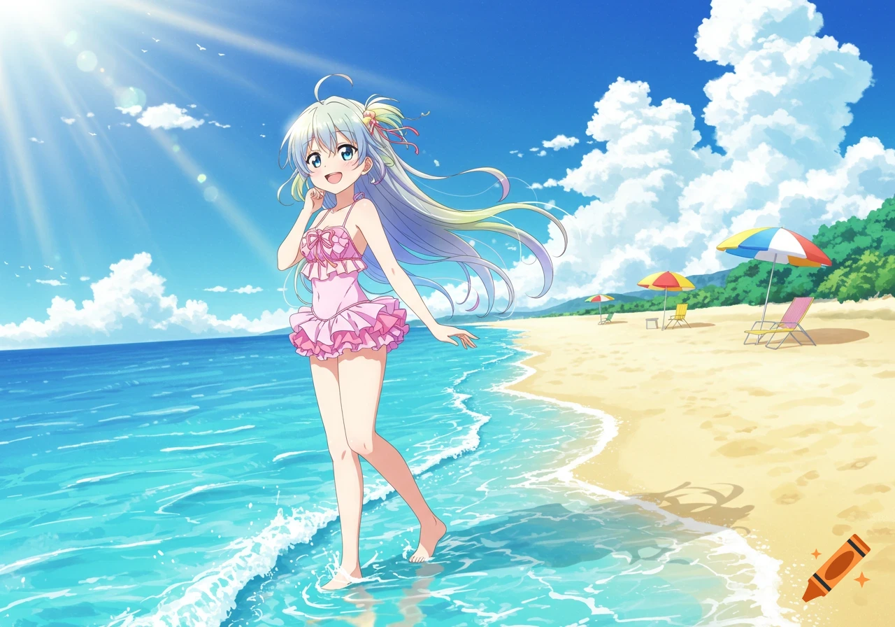 An anime girl with short grey hair smiles brightly while floating in a ...