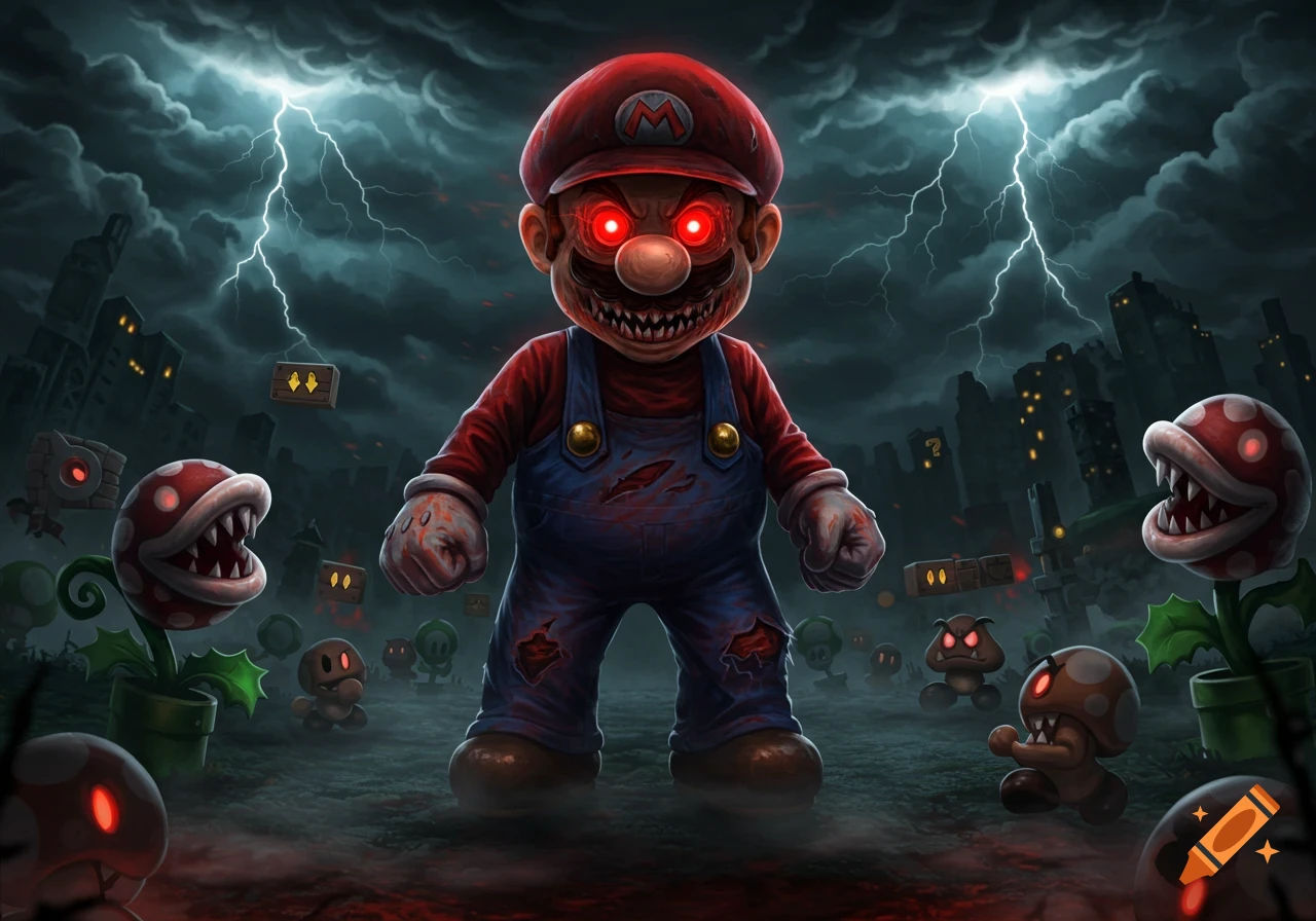 An evil, bloody Mario with glowing red eyes and sharp teeth stands in a ...