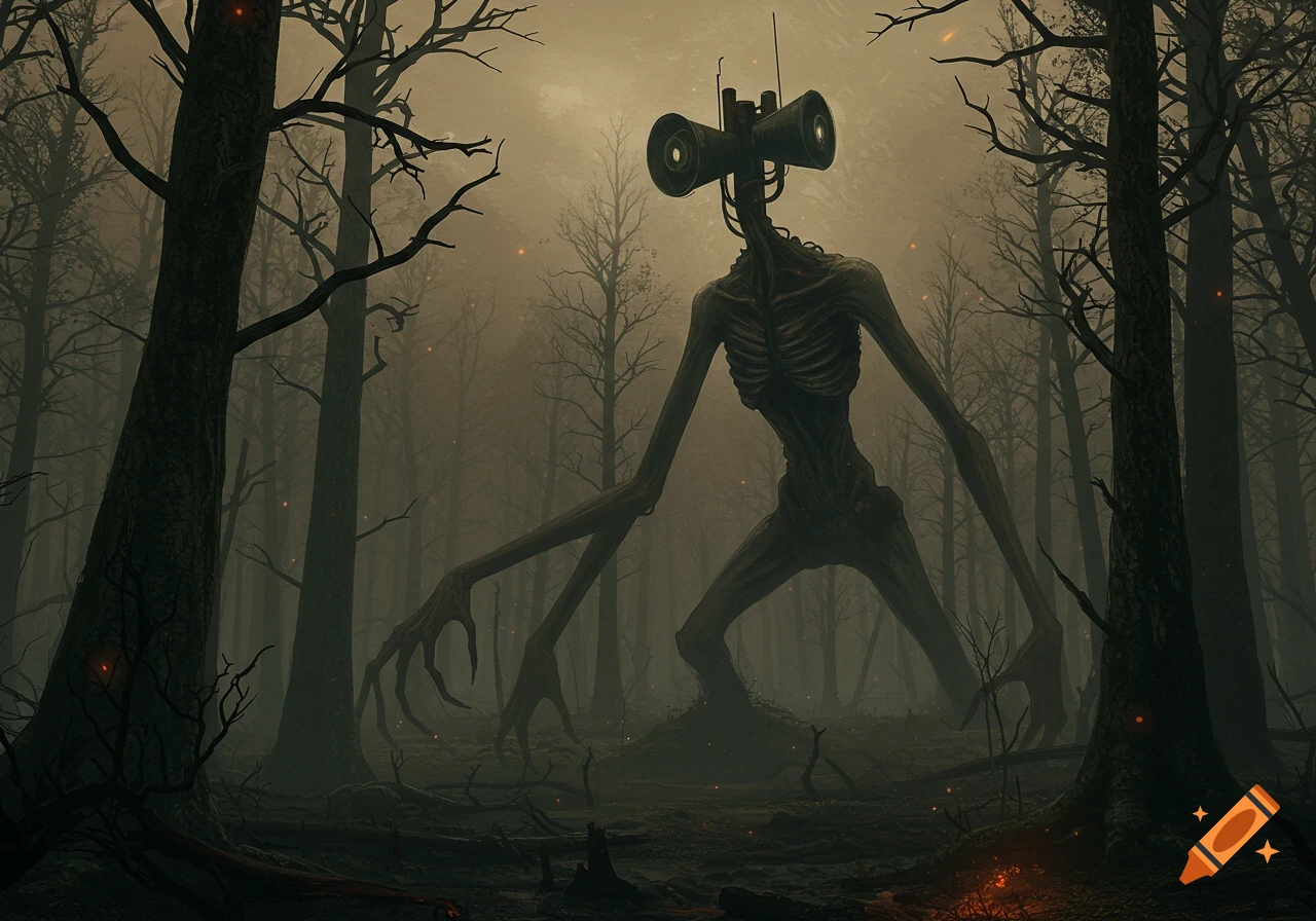 A tall, gaunt, skeletal creature with two large sirens for a head ...